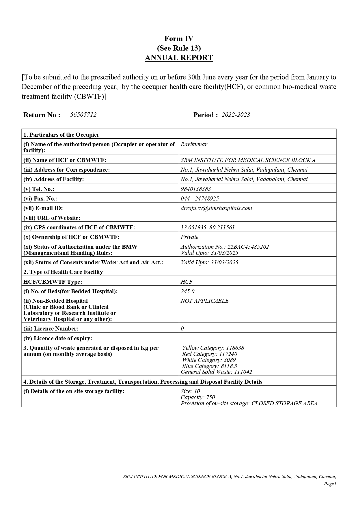 Bio-Medical Waste Details - SIMS Hospitals